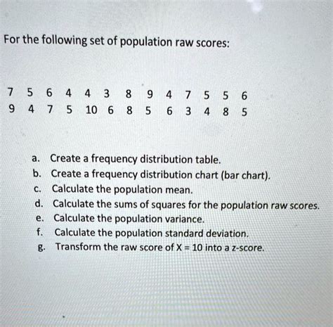 Solved For The Following Set Of Population Raw Scores 5 6 4 3 8 9 5 10 6 8 5 6 5 3 5 Create A