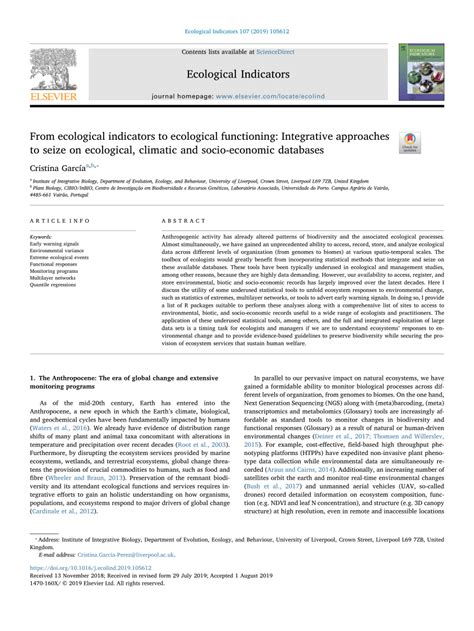 Pdf From Ecological Indicators To Ecological Functioning Integrative Approaches To Seize On