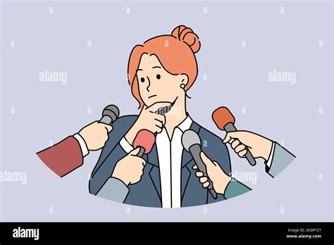Pensive Female Politician Thinking Talking With Reporters Or