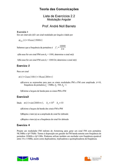 Lista EM Teoria das Comunicações Lista de Exercícios Modulação Angular Prof André Noll