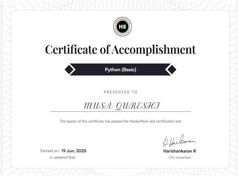 🎉 Certified In Python Basic Hackerrank Musa Qureshi