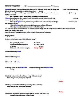 Density Work Sheet With Answers TpT