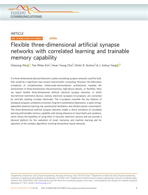 Pdf Flexible Three Dimensional Artificial Synapse Networks With