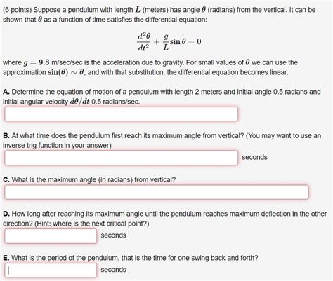 Solved Points Suppose A Pendulum With Length L Meters Chegg Com