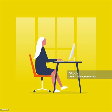 컴퓨터에 앉아 젊은 여성 관리자 사무실 근로자 인테리어 책상과 의자 측면 뷰 밀레니엄 라이프 스타일 일상 생활 경영자에 대한 스톡 벡터 아트 및 기타 이미지 Istock