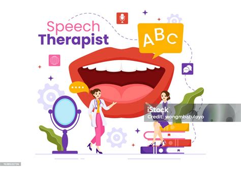 언어 치료사 벡터 일러스트레이션은 플랫 만화 손으로 그린 템플릿에서 기본 언어 능력과 조음 문제를 훈련하는 사람들과 함께 언어