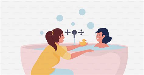 어머니는 딸을 목욕시키고 세미 플랫 컬러 벡터 문자를 사용한다 앉아있는 인물 흰색에 전신 사람들 욕실 루틴 웹 그래픽