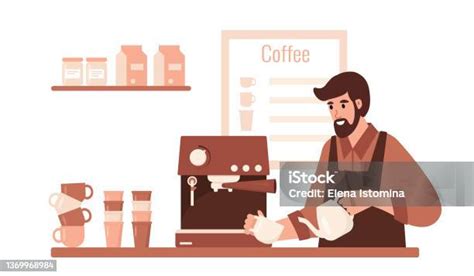 커피숍에 커피머신을 곁들인 카페에서 커피를 만드는 남자 바리스타 바리스타에 대한 스톡 벡터 아트 및 기타 이미지 바리스타 벡터 일함 Istock