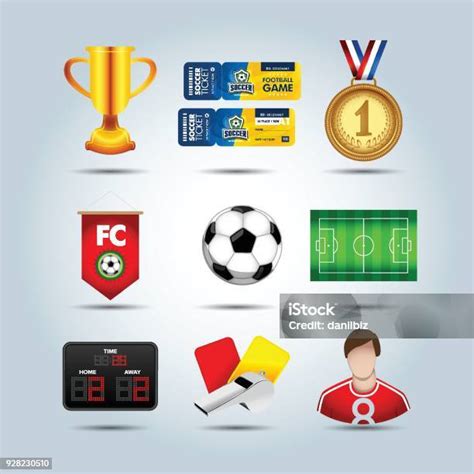 3d 아이콘 필드 공 트로피 깃발 배너 메달 점수 판 호 각 티켓 Fottball 절연 선수 벡터 일러스트 레이 션의 축구 세트 Championship에 대한 스톡 벡터