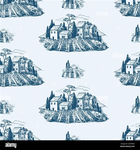 Seamless Pattern With Medieval Houses And Mill In Toile Style Vector