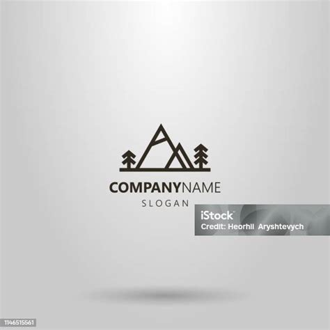두 산과 침 엽 수 나무의 벡터 기하학적 수평 라인 아트 로고 옆에 가문비나무에 대한 스톡 벡터 아트 및 기타 이미지 가문비