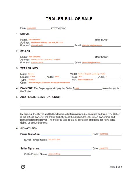 Free Trailer Bill Of Sale Form Pdf Word Rtf