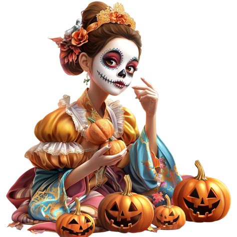 Halloween Sugar Skull Girl With Pumpkins And Flowers Spooky Art