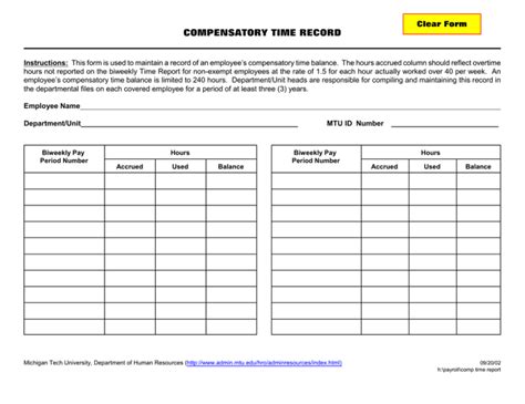 Compensatory Time Record Form Michigan Tech