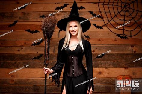 Halloween Witch Concept Happy Halloween Sexy Witch Holding Posing