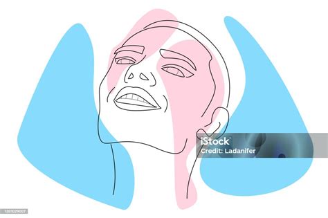 행복 한 비 바이너리 얼굴의 현대 추상적 인 스타일로 손으로 그린 벡터 일러스트 추상적인 현대안드로기누스 얼굴 초상화 라인아트에 대한 스톡 벡터 아트 및 기타 이미지