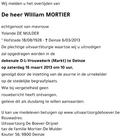 Avis De Décès De William Mortier Décédé Le 06032013 à Deinze Annonce Condoléances Fleurs