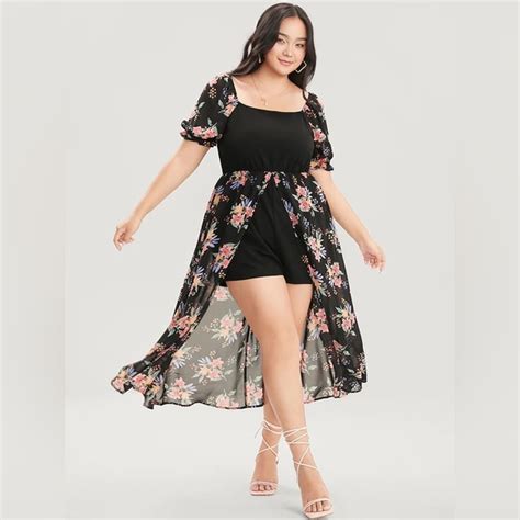 Bloomchic Dresses Floral Pocket Split Front Chiffon Overlay Romper