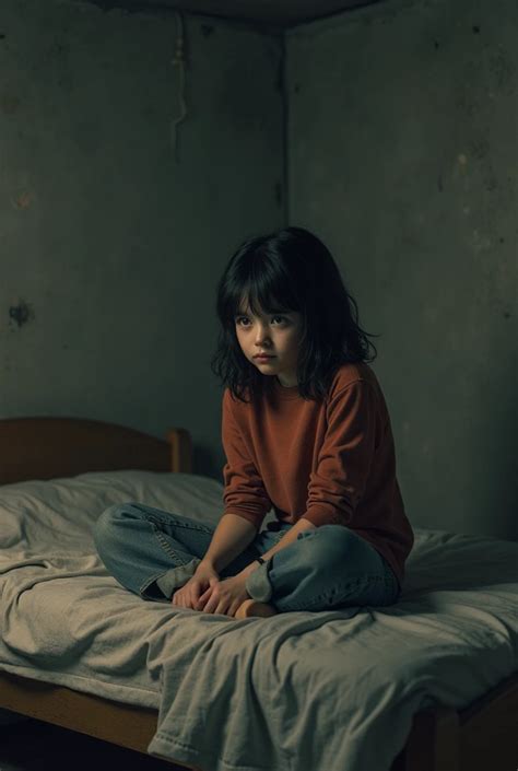 Adolescent Girl Sitting On A Bed In The Basement Seaart Ai