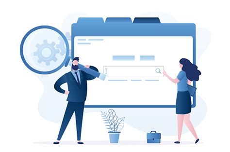 웹 인터페이스 검색 필드 인터넷 브라우저에서 데이터를 검색하는 사용자입니다 돋보기와 사업가 여자는 아이콘을 클릭합니다 네트워크 서핑 기술 돋보기 광학 기기에 대한 스톡 벡터