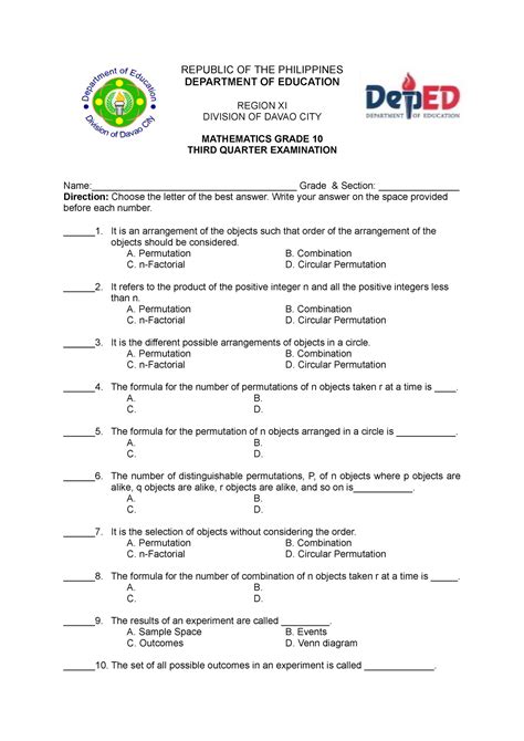 Exam Math 10 3rd Quarter Republic Of The Philippines Department Of