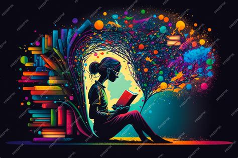 premium photo woman reading book surrounded by colorful books