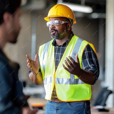 A Construction Worker In A Hard Hat And Safety Vest Gives Instructions