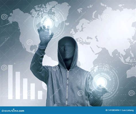 Hacker In Black Hoodie Touching Virtual Screen With Chart Bar Royalty