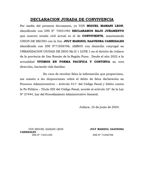 Declaracion Jurada De Convivencia Pdf