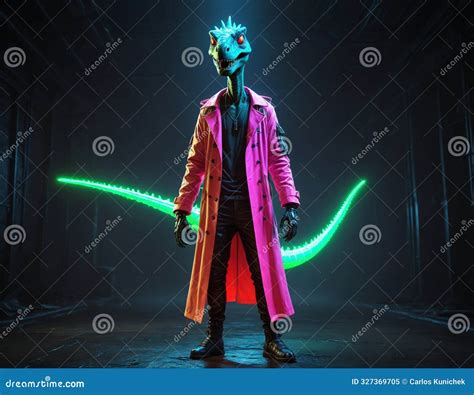 A Raver Alien That Looks Like A Dinosaur Neon Colors Tall And Skinny