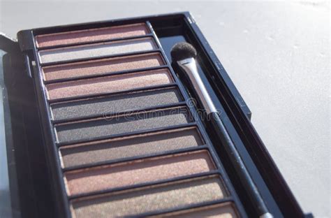 Eye Shadow In A Palette Of Brown And Nude Shades With A Makeup Brush Stock Image Image Of