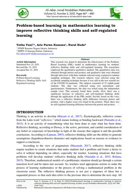 Pdf Problem Based Learning In Mathematics Learning To Improve Reflective Thinking Skills And