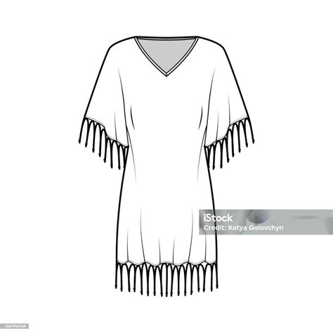 프린지 카프탄 드레스 테크니컬 패션 일러스트와 딥 V넥 배트윙 팔꿈치 소매 무릎 위 길이 0명에 대한 스톡 벡터 아트 및 기타 이미지 Istock