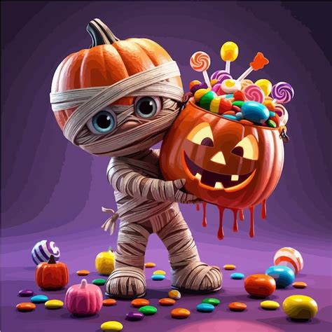 Chibi Mummys Halloween Feast Candy Overflow Premium Ai Generated Vector