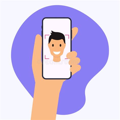 Hand Holding Mobile Smart Phone With Face Recognition App Vector Modern Flat Creative Info