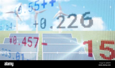 Image Of Financial Data And Graphs Over Background With Solar Panels