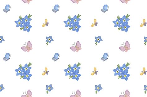 흰색 배경에 손으로 그린 수채화 원활한 패턴 나비와 잊어 버린 나 Nots 구성 섬유 스크랩 북 포장지 어떤 경우에 대한 꽃 장식 계절에 대한 스톡 벡터 아트 및 기타