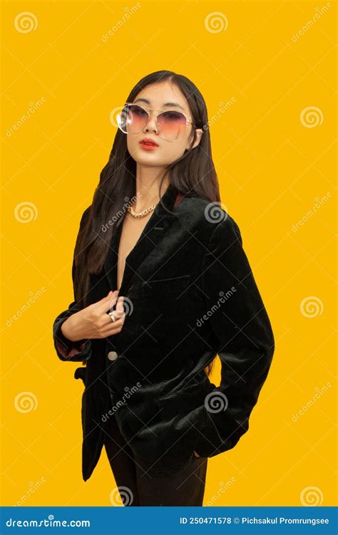 Fashion Concept Fashionable Woman Wear Sunglasses And Black Outfits To