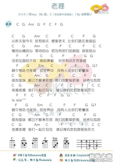 桃子鱼仔版 S H E《老婆》尤克里里弹唱谱 吉他谱 简谱 尤克里里 吉他谱下载 吉他教学视频 思伊吉他网