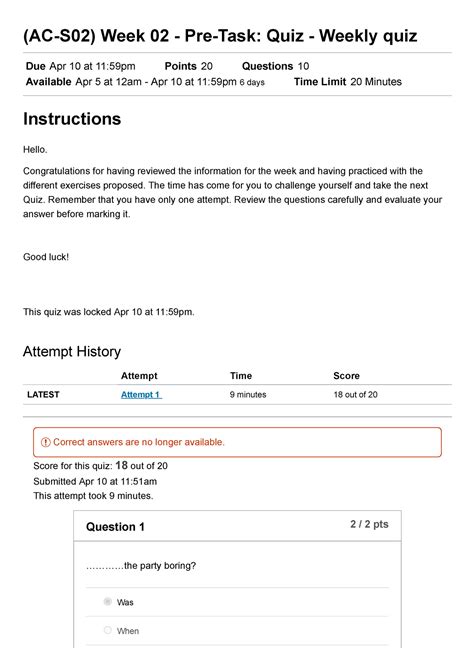 Ac S02 Week 02 Pre Task Quiz Weekly Quiz Ingles Iii 19309 Ac