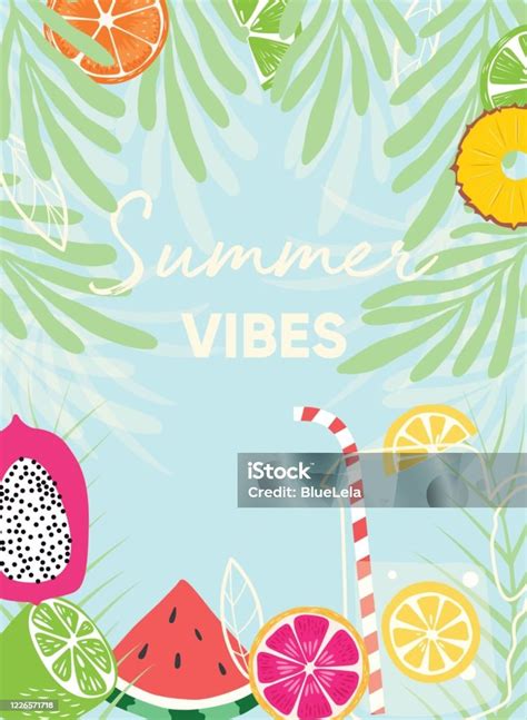 여름 분위기 타이포그래피 슬로건과 밝은 파란색 배경에 신선한 과일과 레모네이드과일 디자인 열대 과일과 식물의 컬렉션입니다 다채로운 플랫 벡터 일러스트레이션 여름에 대한 스톡