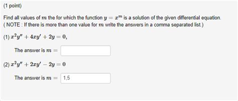 Solved Find All Values Of M The For Which The Function Y Xm Chegg Com