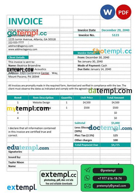Example Professional Agency Invoice In Word And Pdf Format Extempl Cc