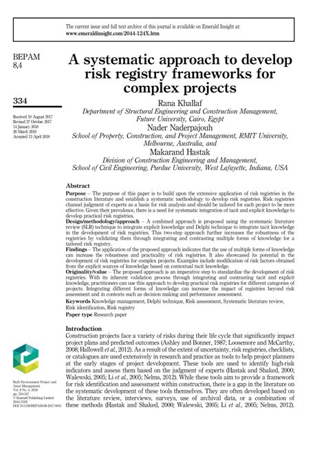 Pdf A Systematic Approach To Develop Risk Registry Frameworks For
