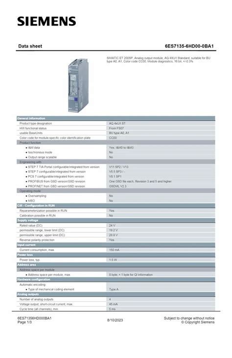 Siemens Simatic Et 200sp Analog Output Module Aq 4xui Standard At
