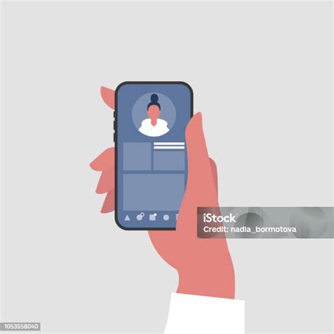 소셜 미디어 프로 파일입니다 손을 잡고 스마트폰입니다 천년 생활양식입니다 통신 기술입니다 평면 편집 가능한 벡터 일러스트 레이 션 클립 아트 스마트폰에 대한 스톡 벡터 아트