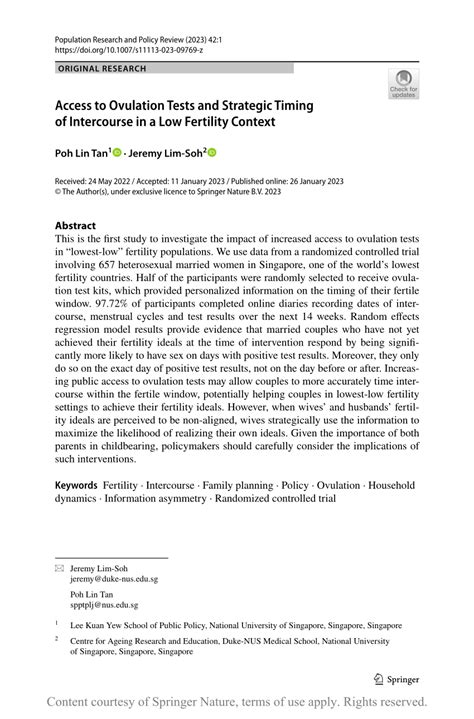 Access To Ovulation Tests And Strategic Timing Of Intercourse In A Low