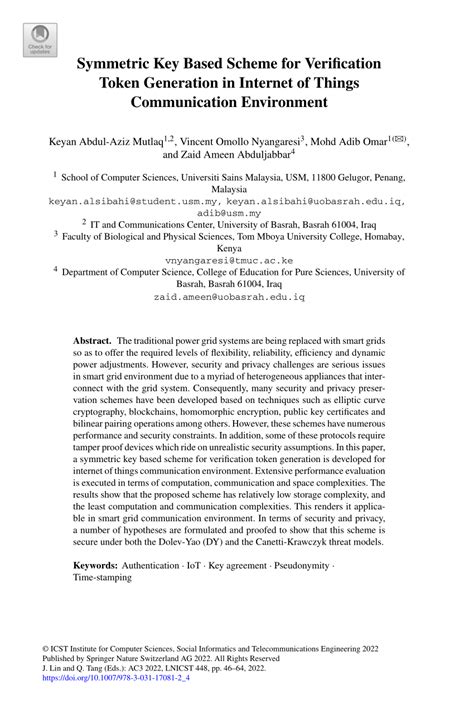 Pdf Symmetric Key Based Scheme For Verification Token Generation In Internet Of Things