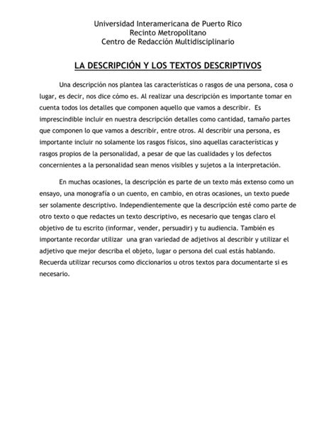 La Descripción Y Los Textos Descriptivos Metro