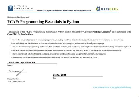tarsha siva teja ponakala on linkedin grateful to have earned python